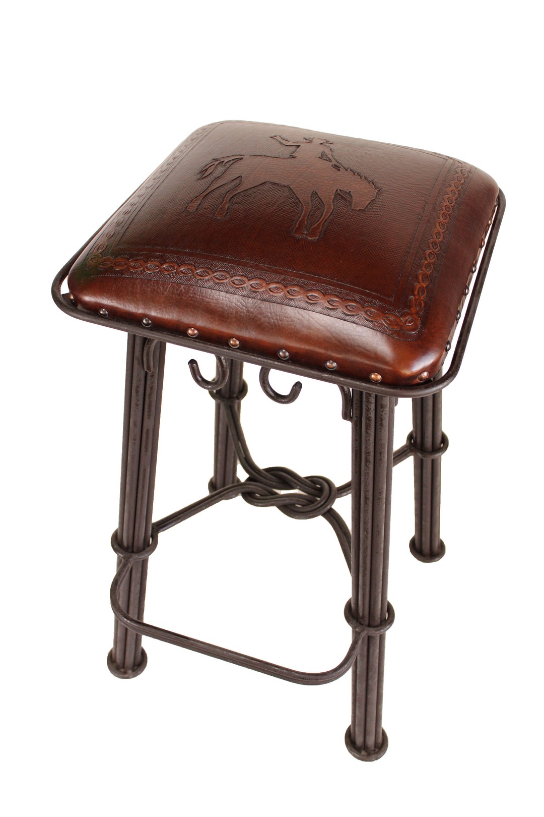 Wrought Iron Western Barstool With Western Patterns Leather Seat. - Etsy