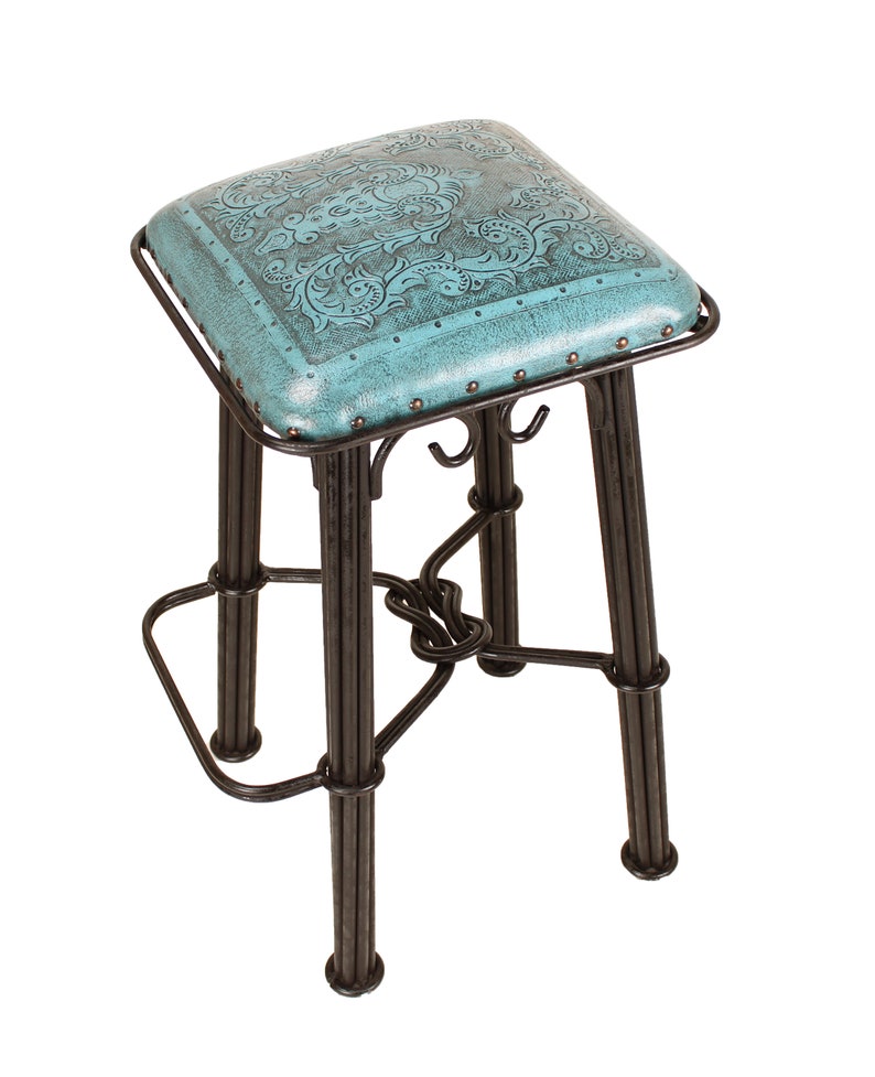 Wrought Iron Western Barstool Colonial Pattern Leather Seat. - Etsy