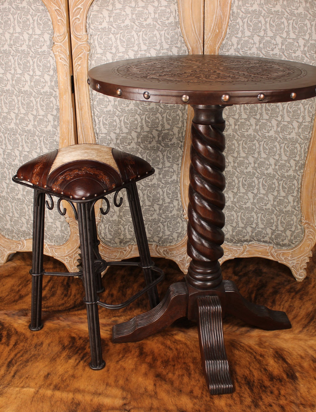 Wrought Iron Western Barstool Two Tones Pattern Leather Seat. - Etsy