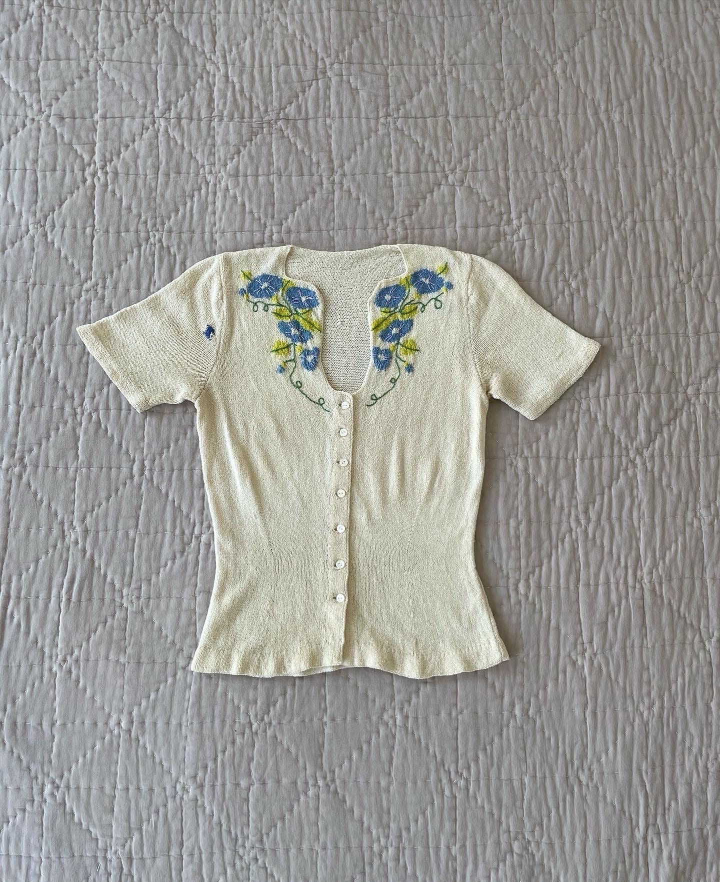 Vintage 1940s Knit Cardigan Embroidered Blouse Knitwear Button Front ...