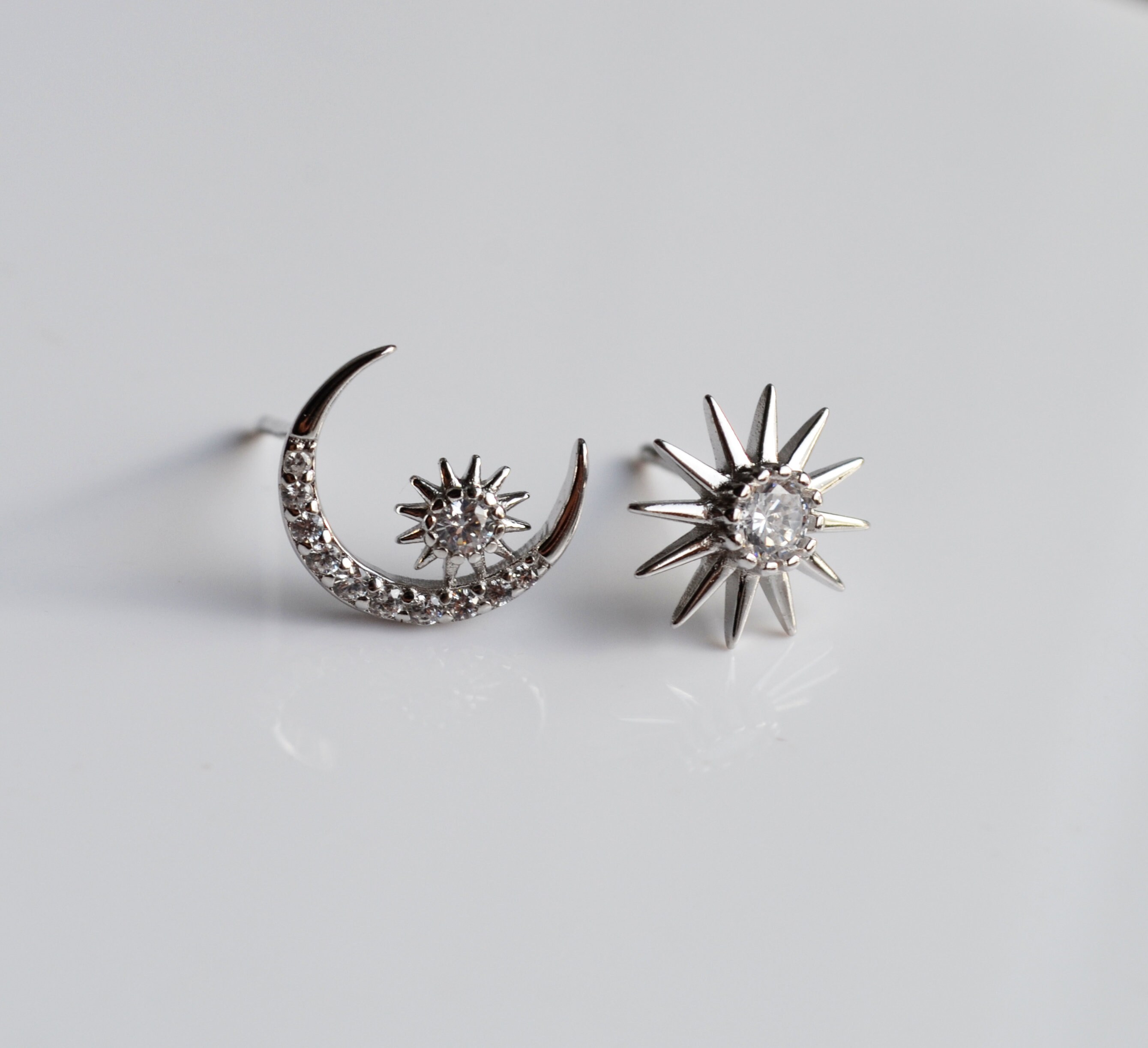 Sterling Silver 925 White CZ Set New Moon and White CZ Sunray | Etsy