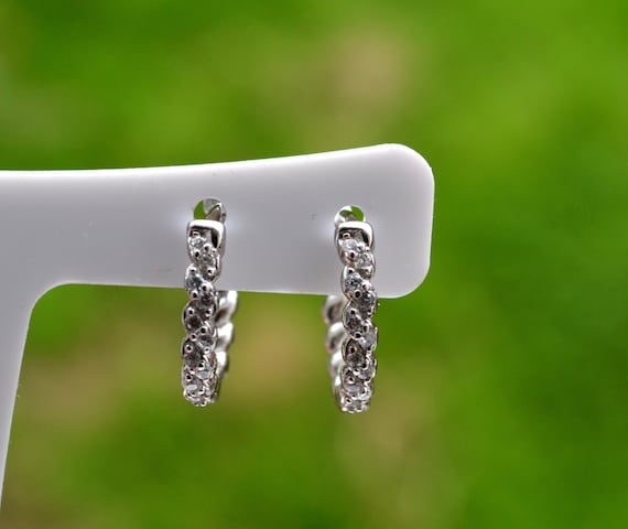 Sterling Silver 925 Huggies Pair of Stunning White CZ Diamante Stripe Outer 16mm Inner 11mm Hoops Minimalist Earrings Medium Sized Etsy