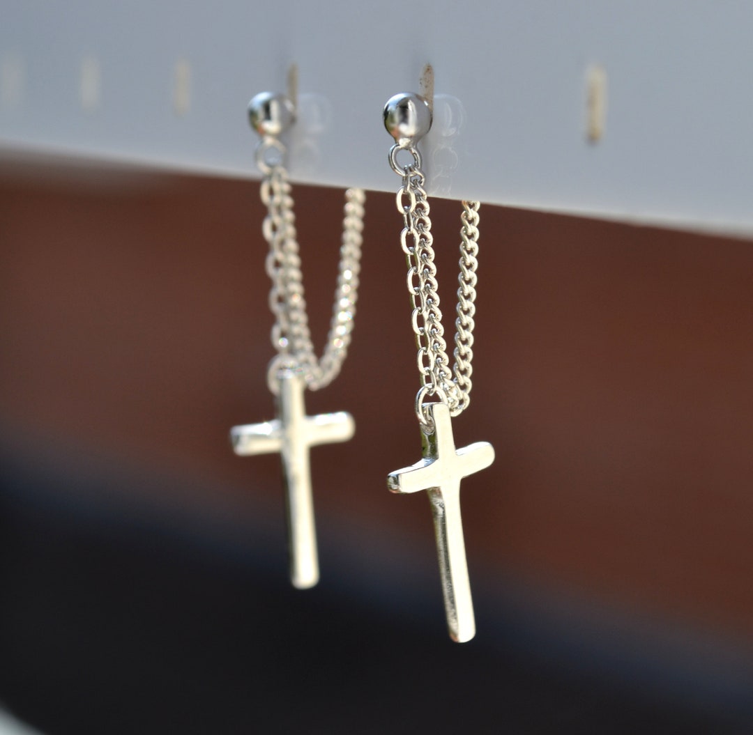 925 Sterling Silver Long Chain Cross Drop Mini Ball Studs, Cross ...