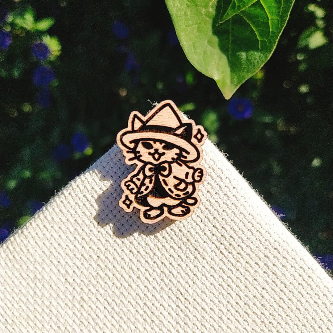Wizard Cat Wood Pin ~ Halloween Pin ~ Laser Etched Wood Pin | Laser Cut ...