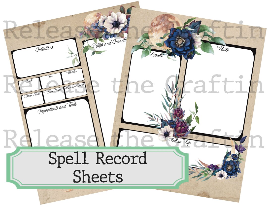 Spell Record Sheets- Printable Paper Pack- Instant Download - Journal ...