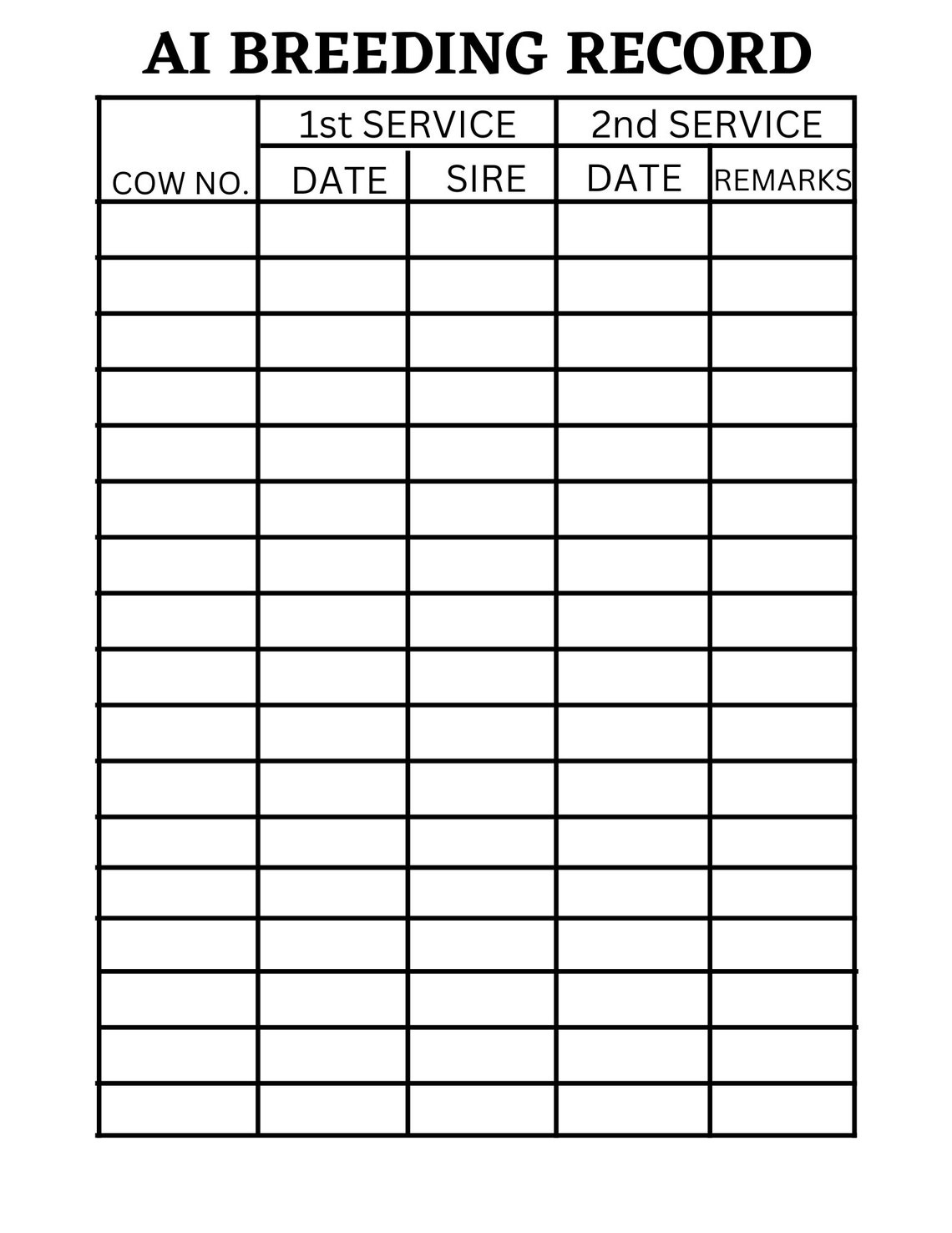 AI Breeding Record Printable, Livestock Record Keeping, One Page ...