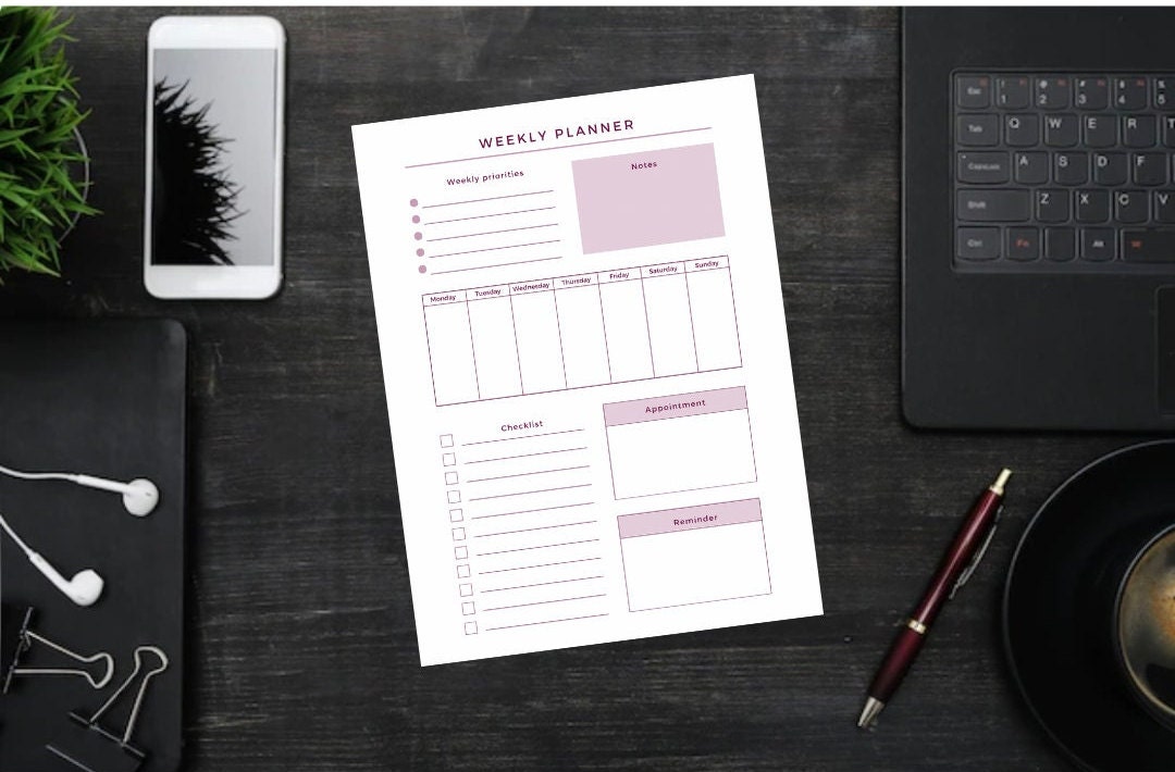 Minimalist Weekly Planner Printable, Instant Download, Daily Reminder ...