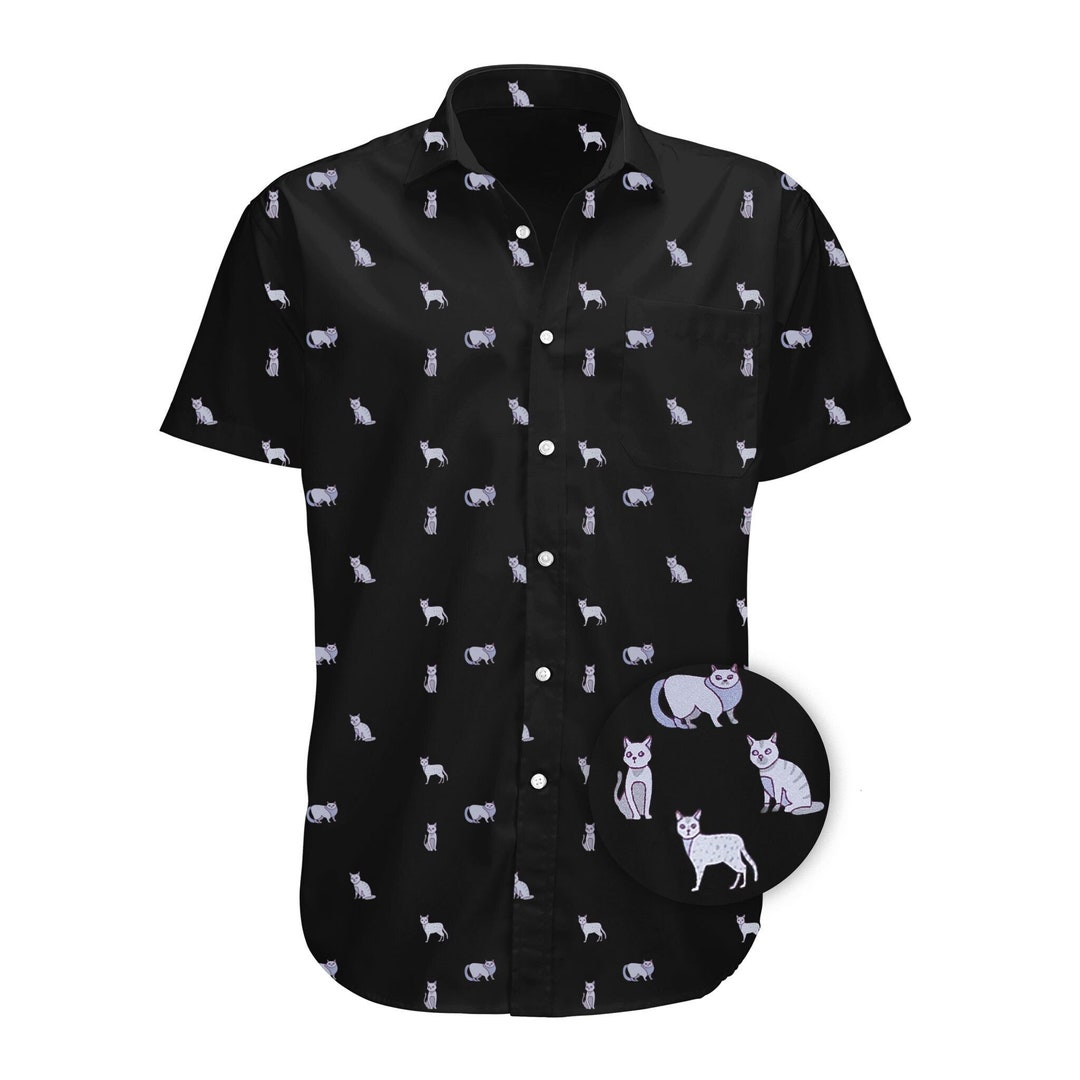 Fun Shirt for Mens Button-up, Black Cat Button Down Short Sleeve, Funny ...