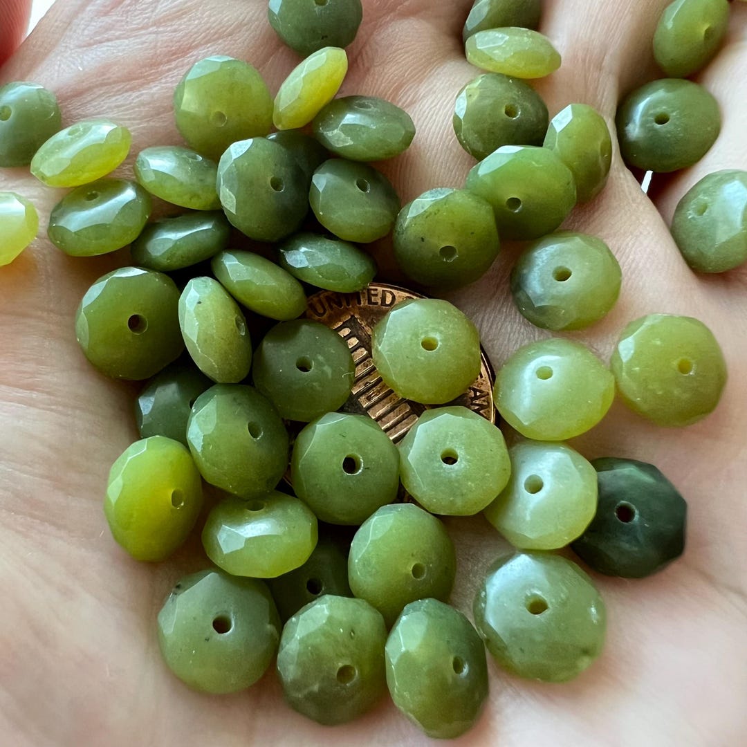 Rare Vintage 5A Natural Myanmar Olive Jade Beads. 8mm Faceted Roundel ...