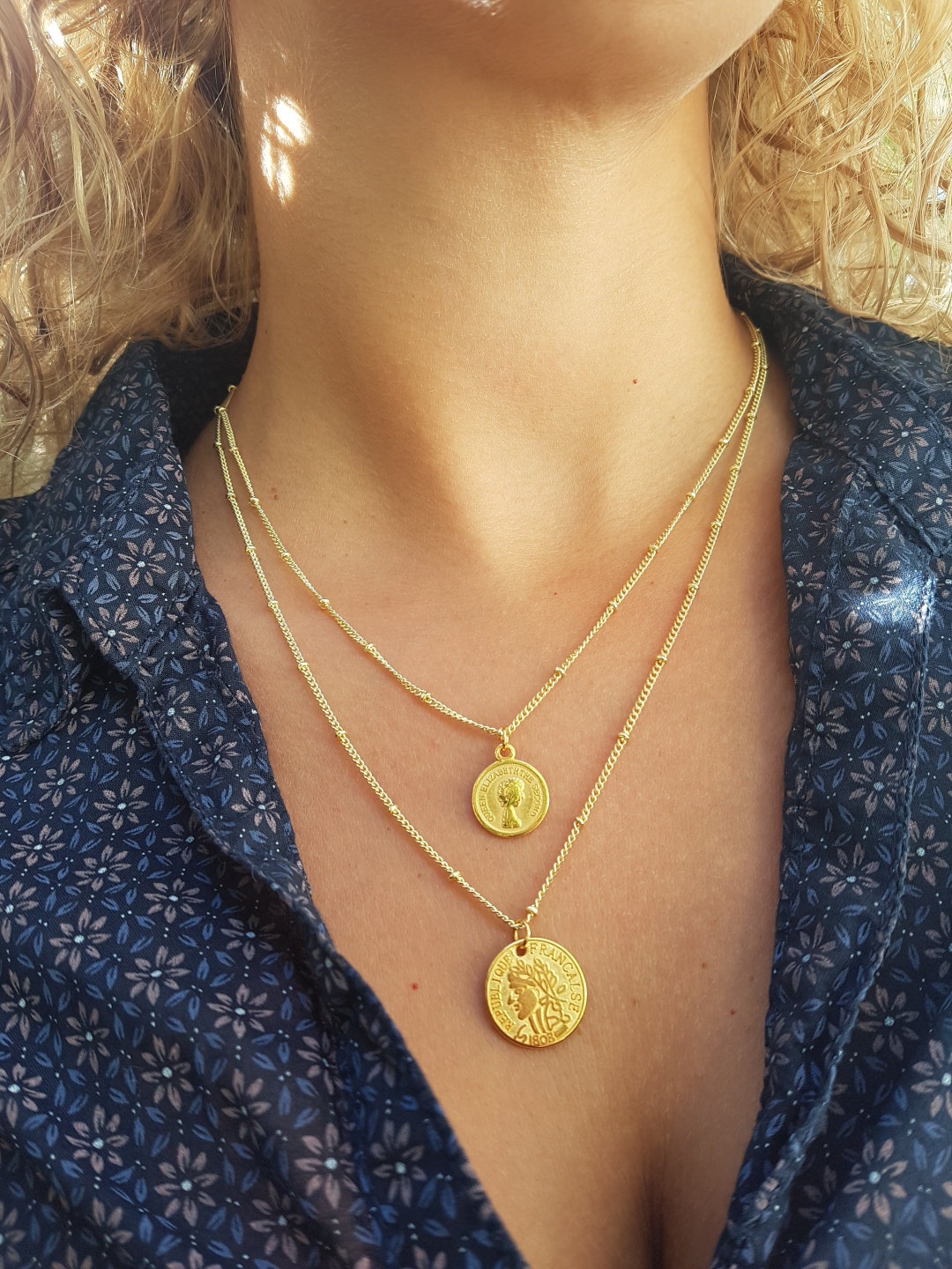 Elizabeth Gold Charm, Medallion Coin Set, Greek Coin Necklace, Round ...