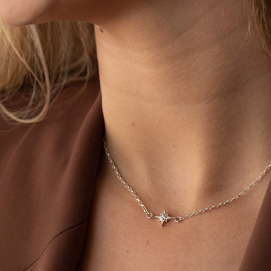 Dainty Silver Star Pendant Choker Necklace, Silver Chain Choker, Stacking Necklace, Silver ...