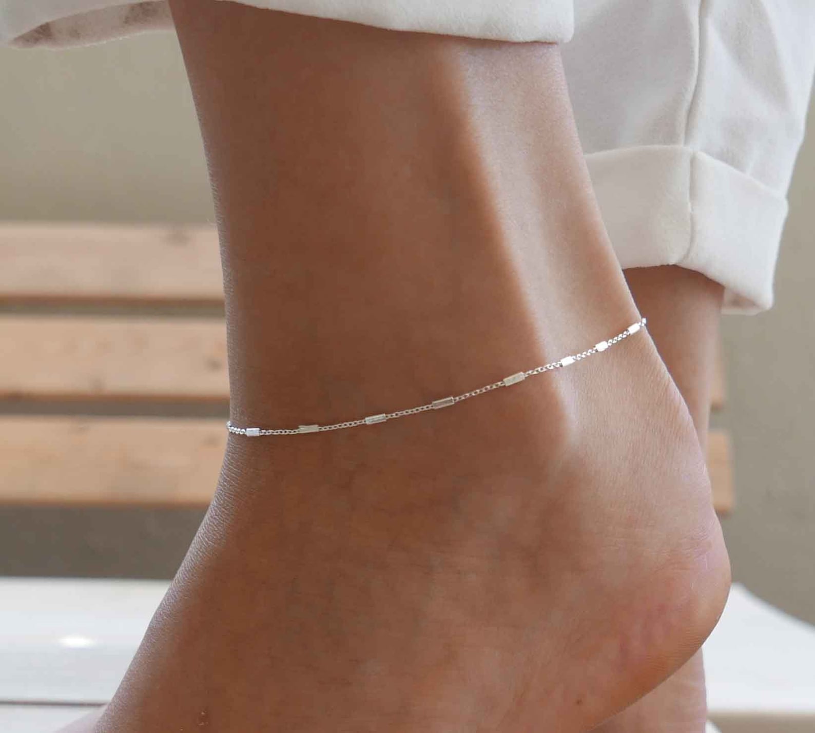 Silver Anklet Silver Ankle Bracelet Beaded Anklet Foot Etsy