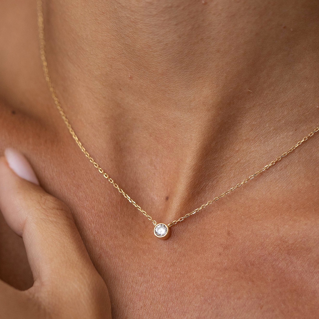 Dainty Diamond Necklace, Floating Diamond Solitaire Necklace ...