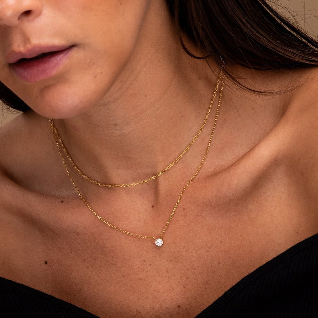 Double Layered Gold Necklaces, Double Chain Choker Necklace, Gold ...