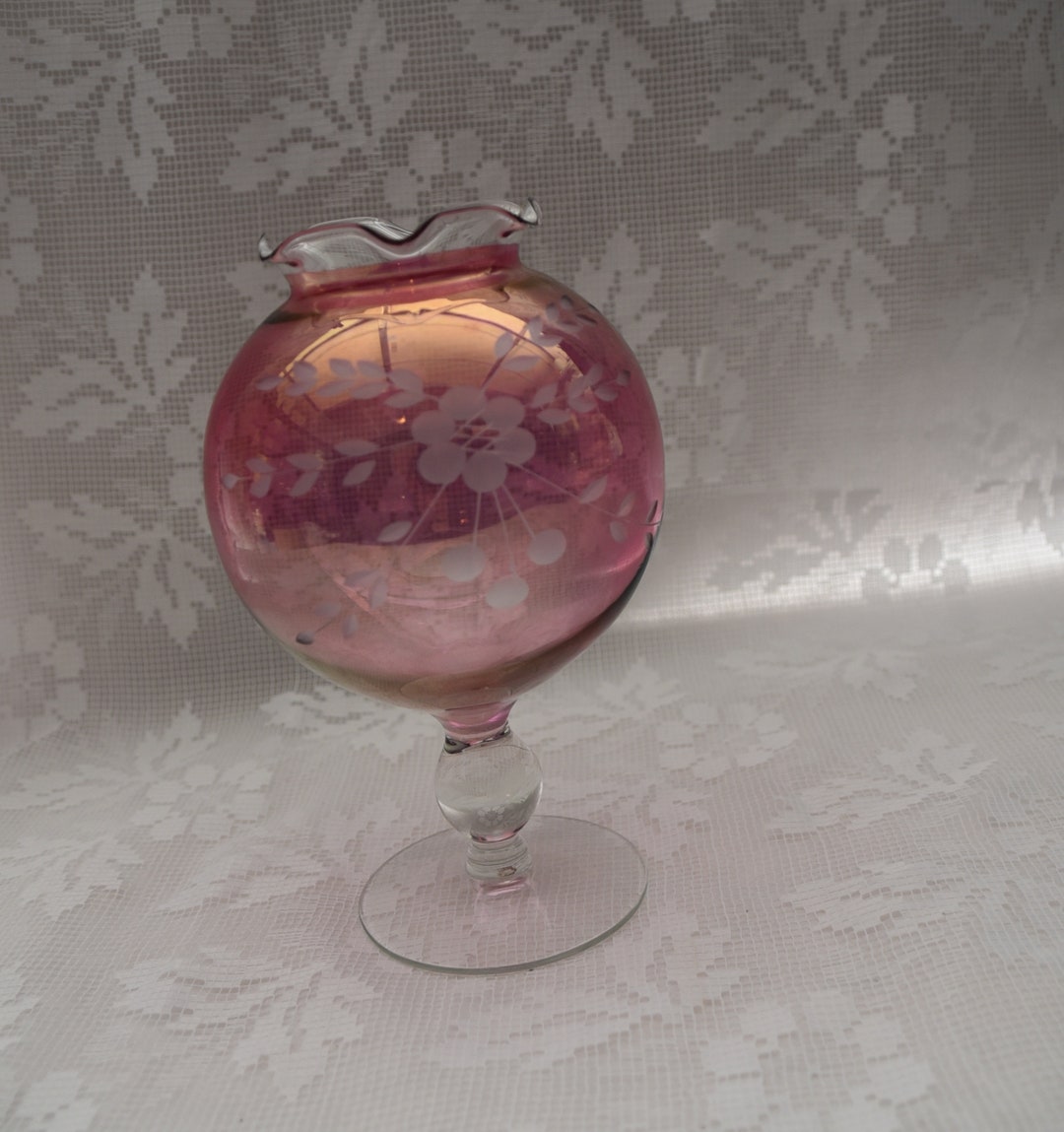 IVY BOWL Vase Fired Pink Etched Glass Plant Rooter 8 Tall Eb4587 - Etsy