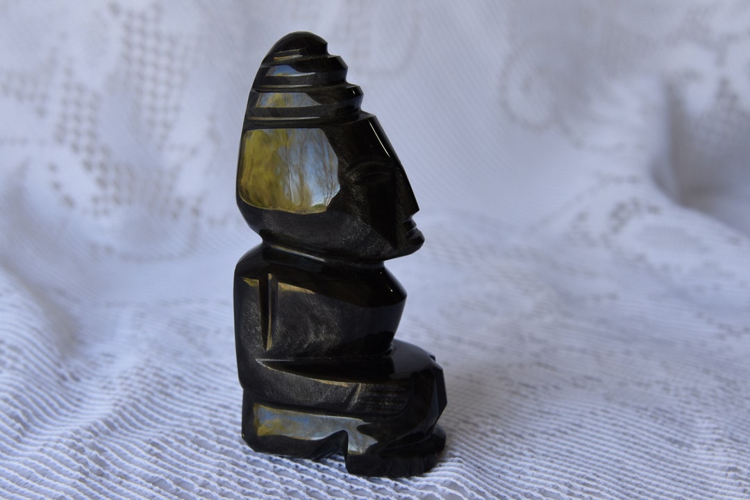 Silver Sheen Obsidian Sculpture: Mayan Aztec Inspired Stone Head Eb4289 ...