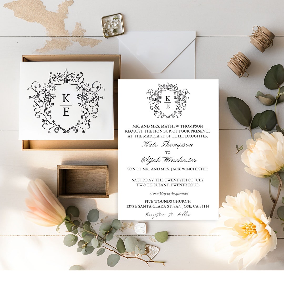 Modern Minimalist Monogram Crest in Black, Editable 13 Canva Wedding ...