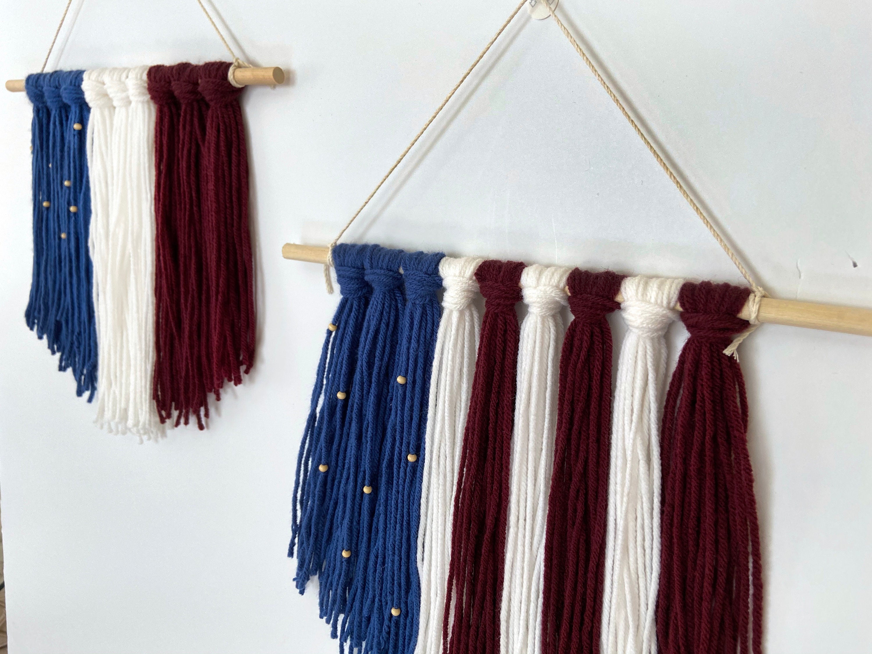 American Flag Yarn Wall Hanging Tapestry Fiber Art Beads Yarn Decor Red ...