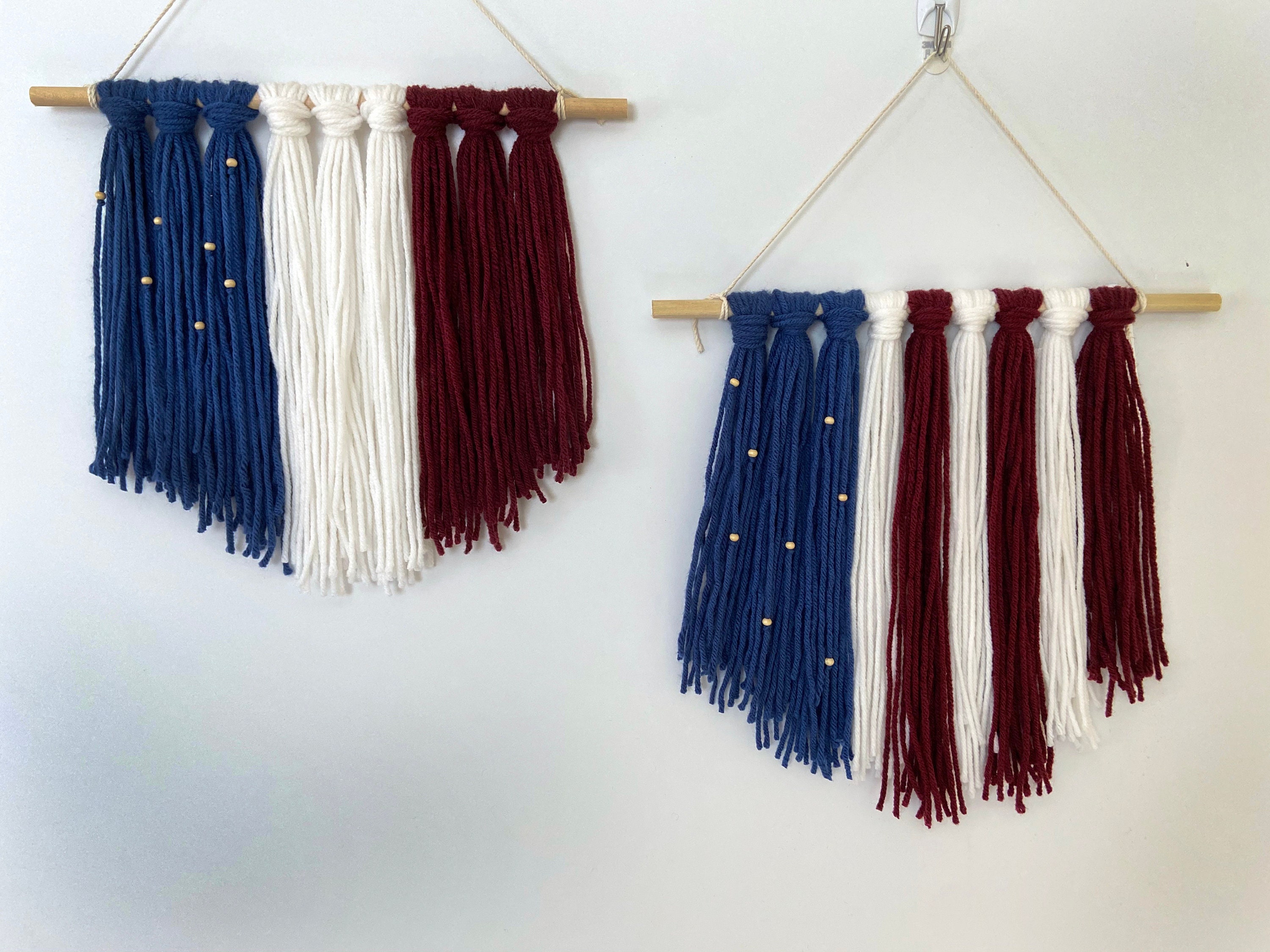 American Flag Yarn Wall Hanging Tapestry Fiber Art Beads Yarn Decor Red ...