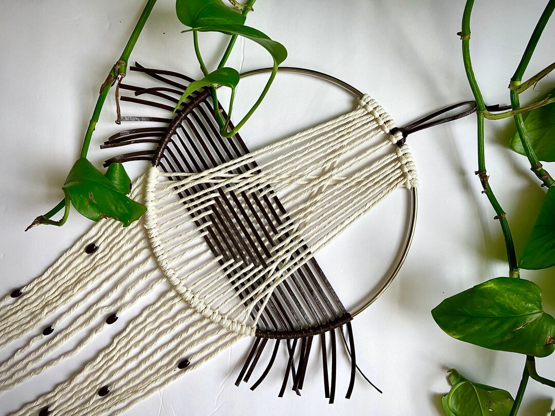 Macrame Circle Wall Hanging With Leather Circle Metal Ring Leather and ...