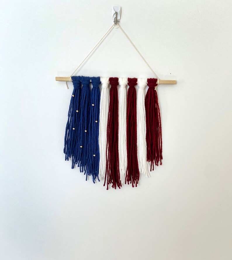 American Flag Yarn Wall Hanging Tapestry Fiber Art Beads Yarn Decor Red ...