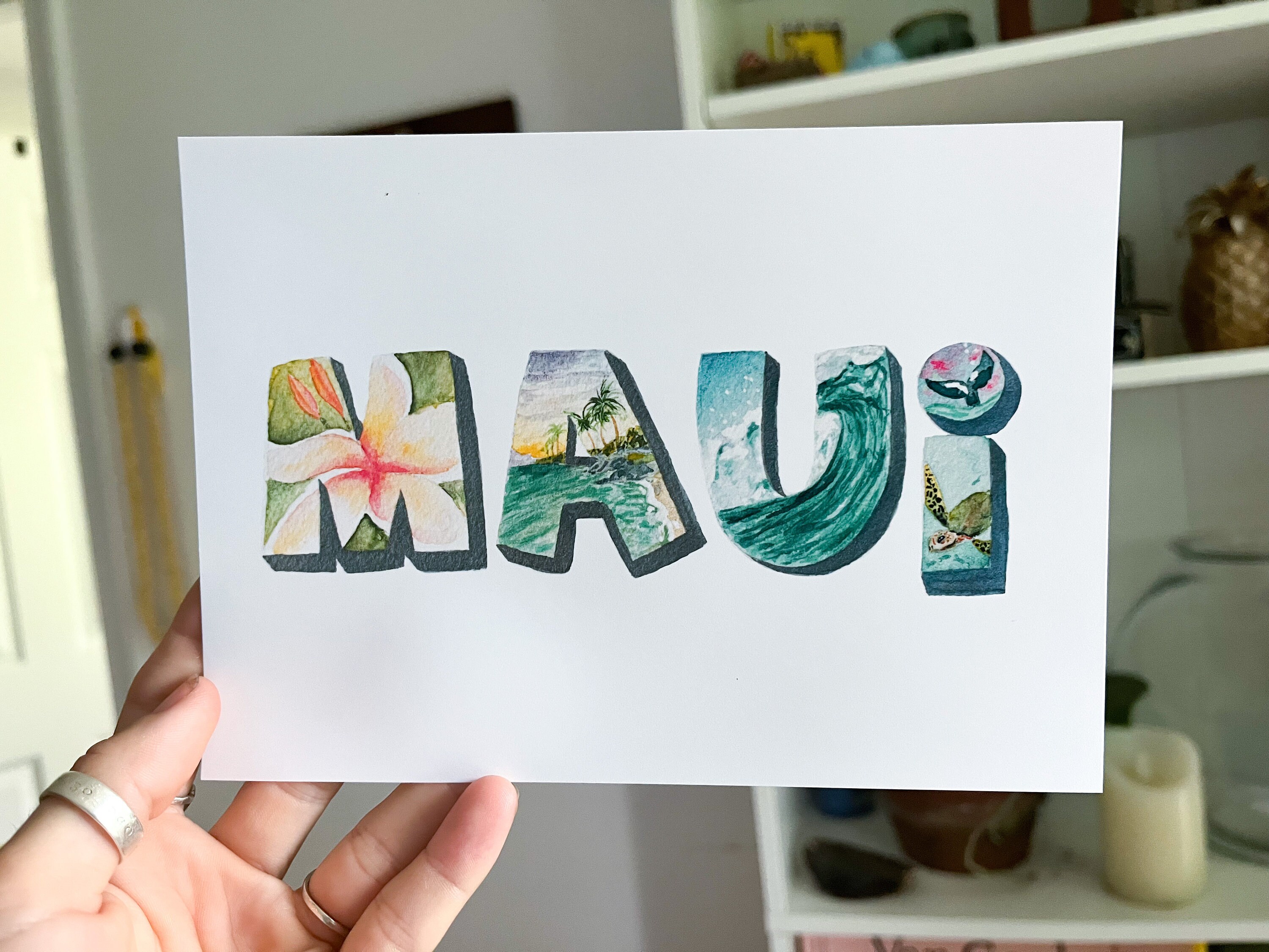 Maui Hawaii Sign Watercolor Art Print With Plumeria Turtle - Etsy