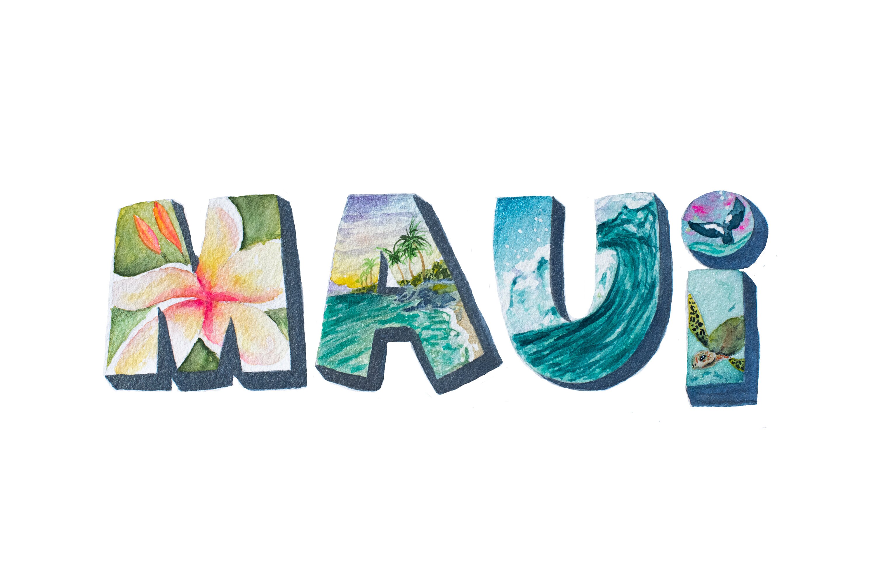 Maui Hawaii Sign Watercolor Art Print With Plumeria Turtle - Etsy