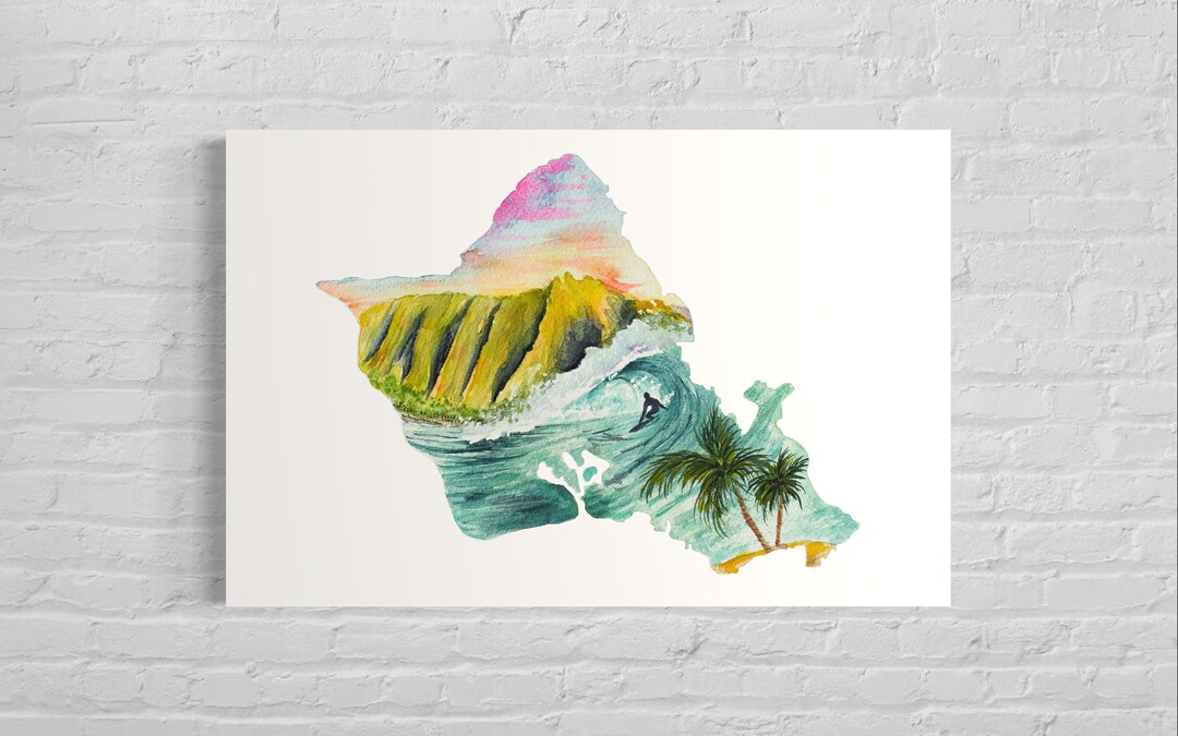 Oahu Hawaii Watercolor Painting Print With Mountains and - Etsy