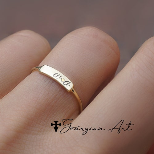 Solid Gold Bar Ring With His & Her Initial Engraved Stacking | Etsy