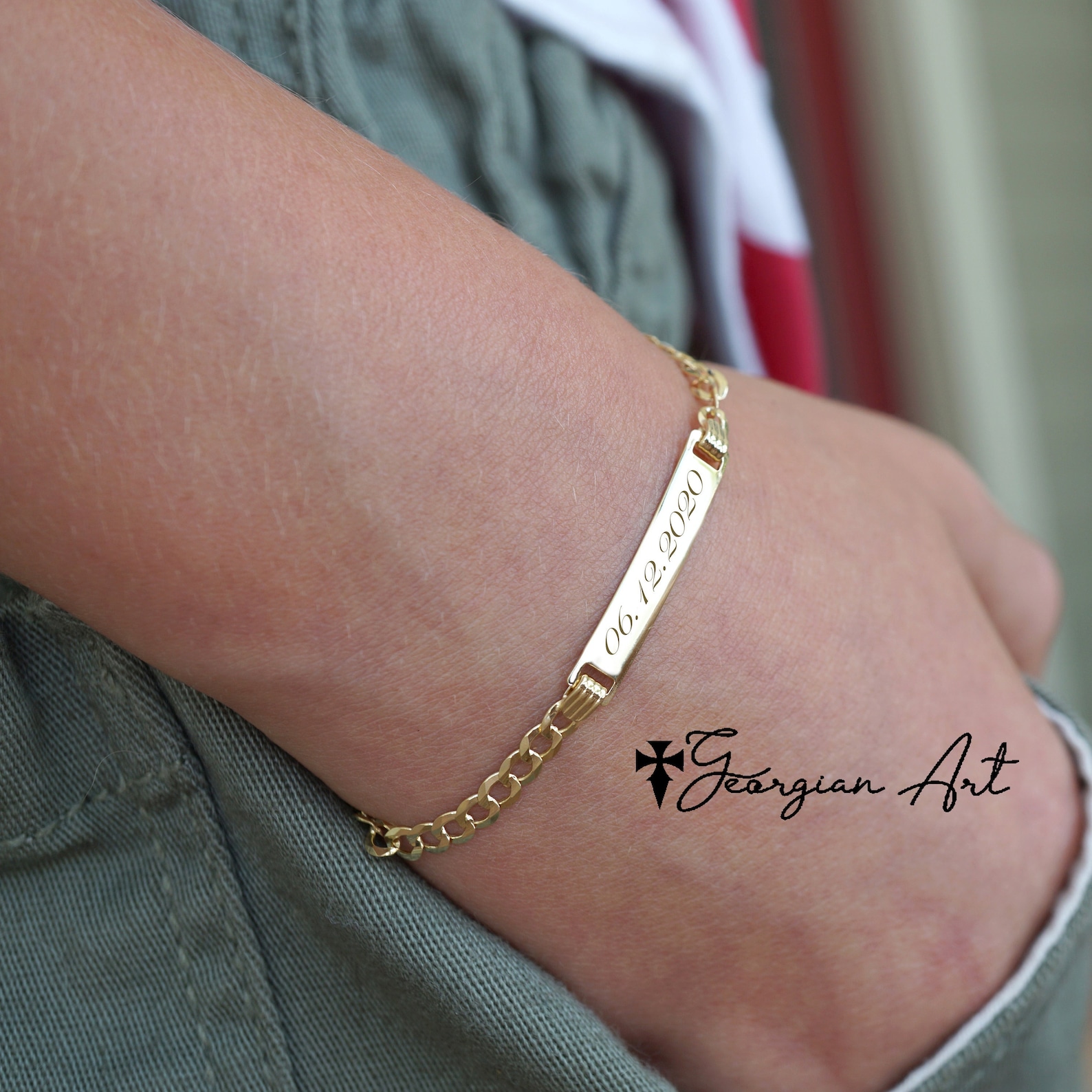14K Solid Gold Kids ID Bracelet With Curb Chain, Engrave Kids Initials ...