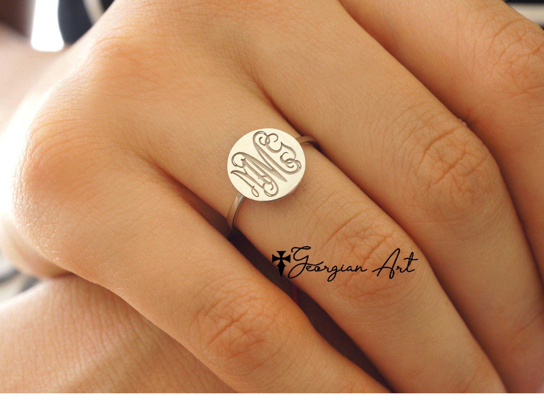 Solid Gold Mini Disc Ring With Engraved Monogram Initials - Etsy
