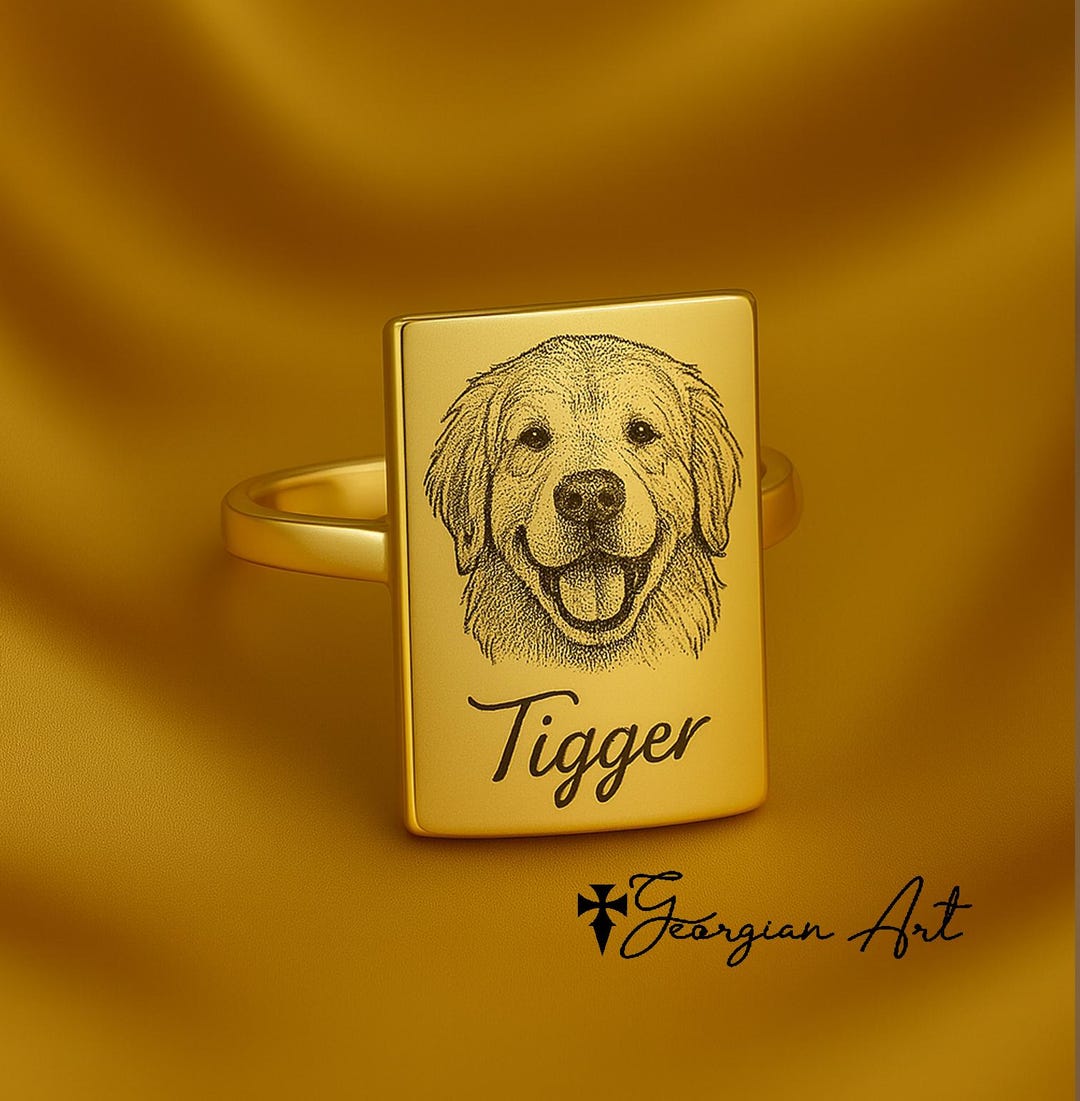 10K, 14K or 18K Solid Gold Custom Engraved Pet Portrait Ring With Name ...