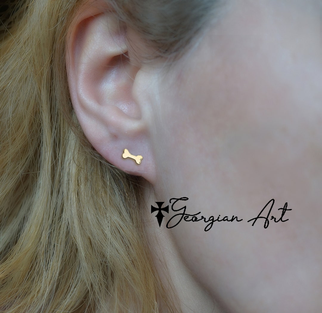 14K Solid Gold Mini Dog Bone Stud Earrings, Dog's Bone Earrings for ...