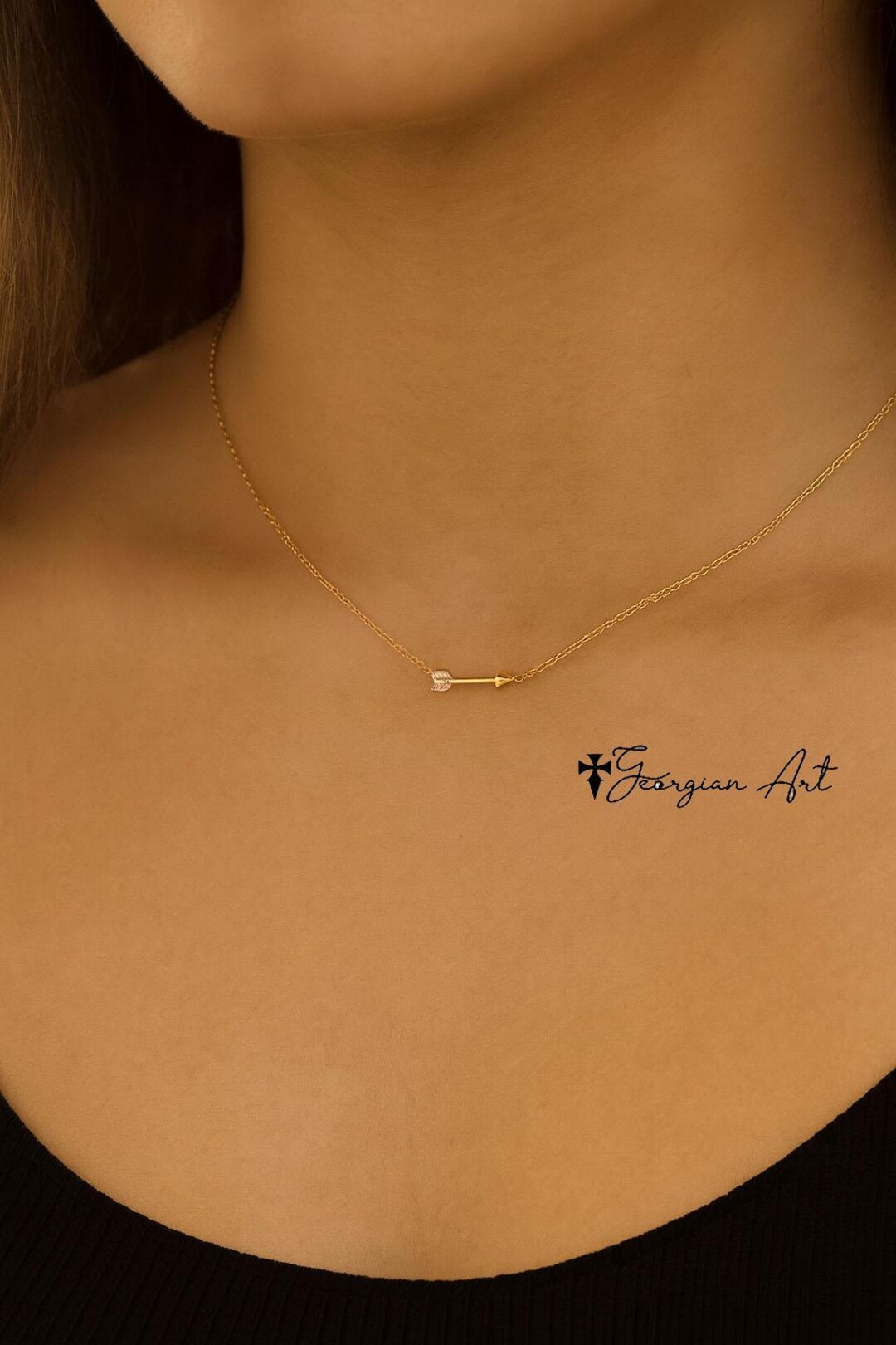 10K, 14K oder 18K Solid Gold Mini Pfeil Anhänger Halskette, Seitliche ...