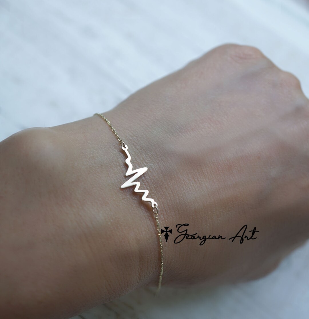 Dainty Heartbeat Bracelet in Solid 14K Gold, Lifeline Pulse Charm in ...