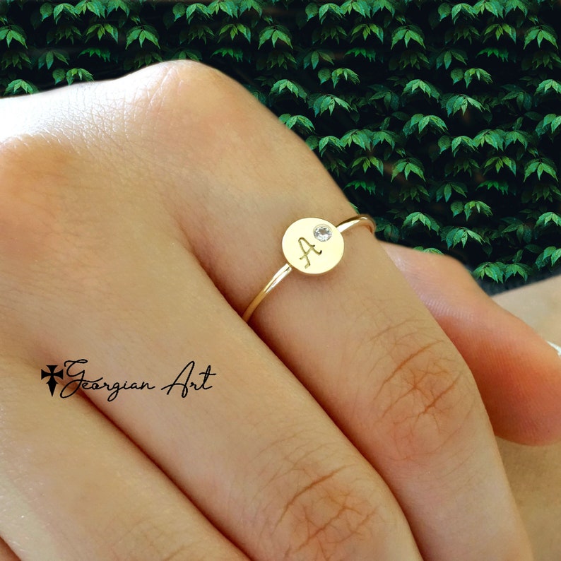 Mini Solid Gold Disc Ring With Engraved Initial & Birthstone - Etsy