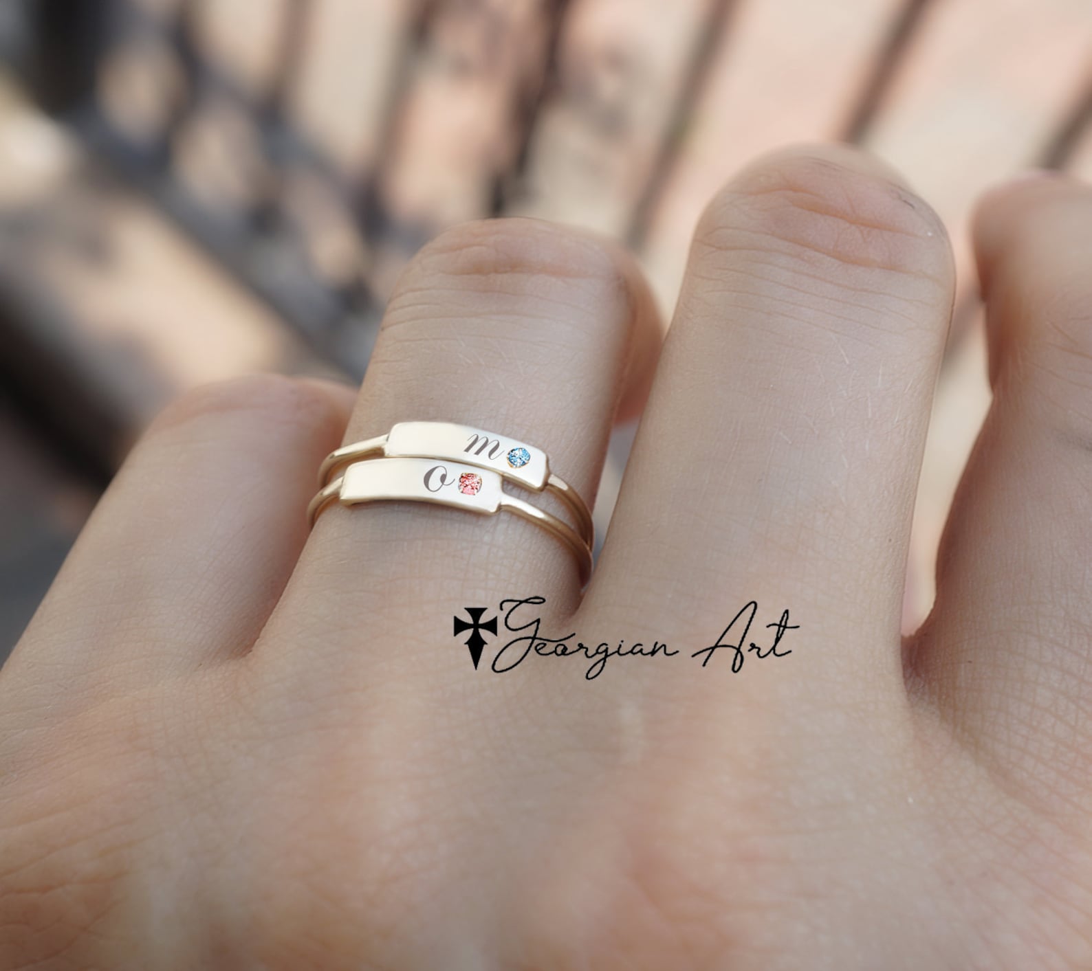 Solid Gold Stackable Bar Ring With Genuine Birthstone & | Etsy