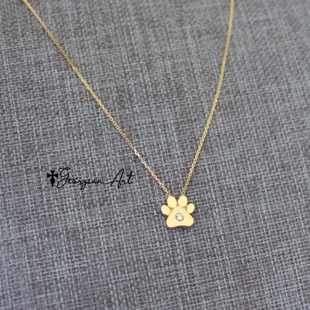 14K Solid Gold Paw Print Charm Necklace With Genuine Diamond, New Puppy ...