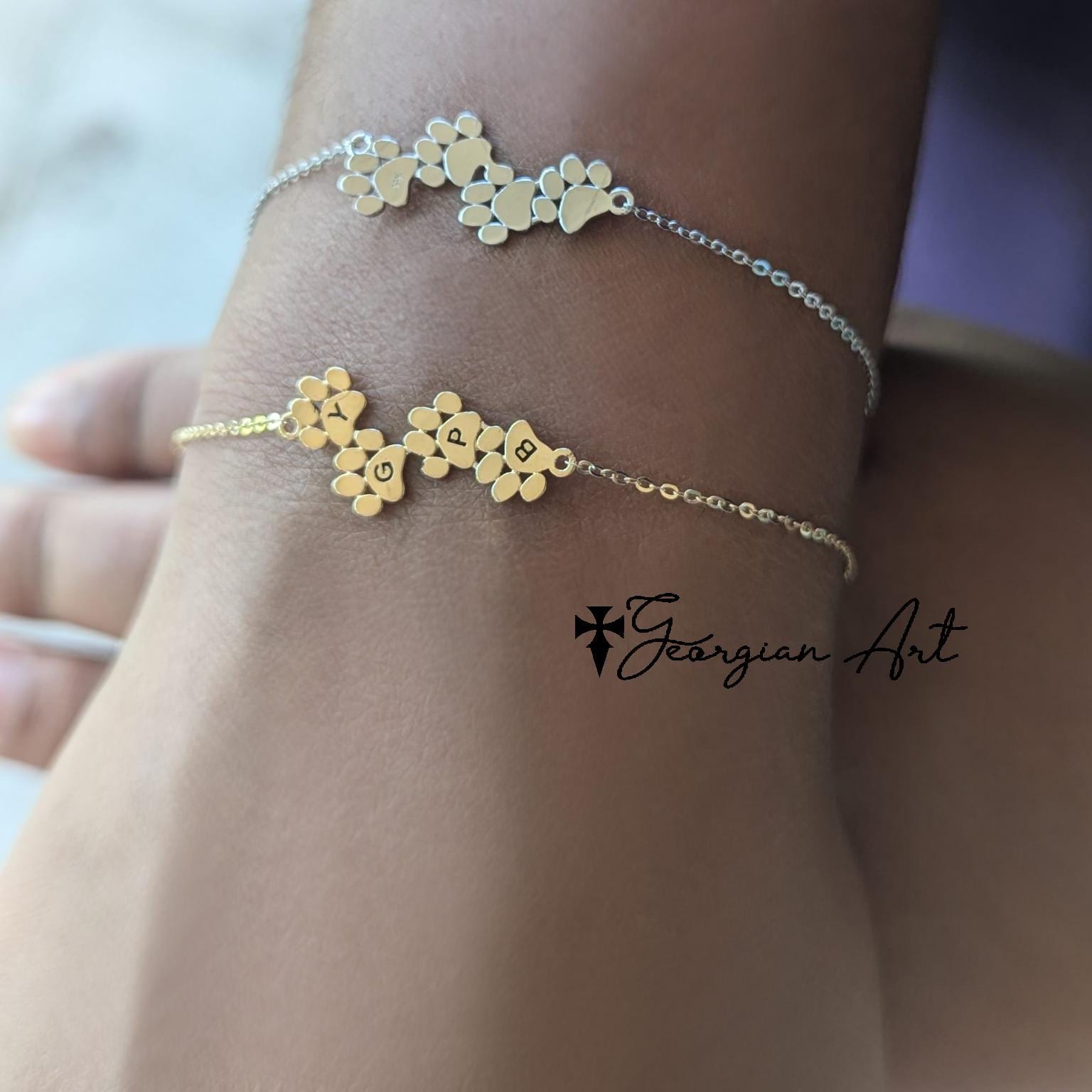 10K, 14K or 18K Solid Gold Personalized Paw Prints Bracelet in Yellow ...