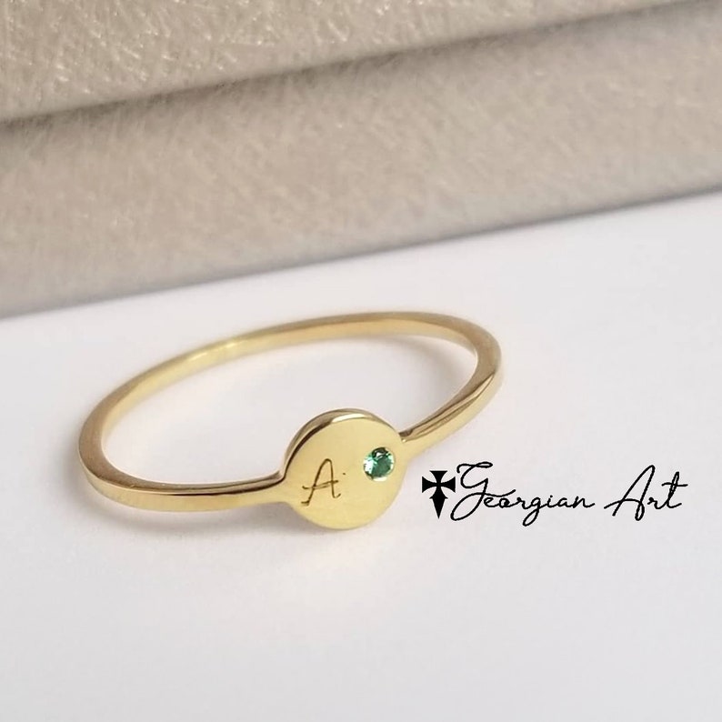 Mini Solid Gold Disc Ring With Engraved Initial & Birthstone - Etsy