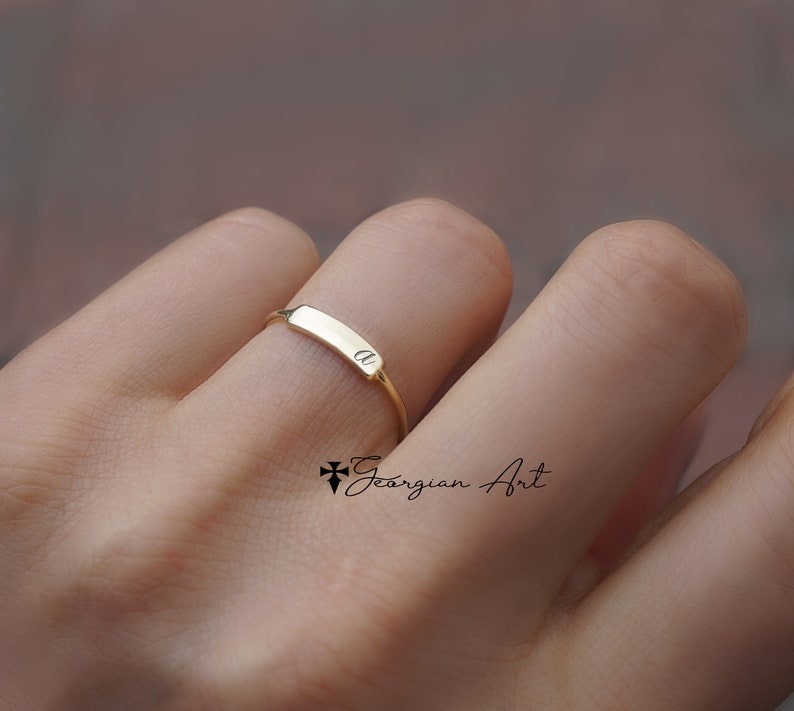 Solid Gold Bar Ring With Engraved Initial, 10K, 14K or 18K Yellow, Rose ...