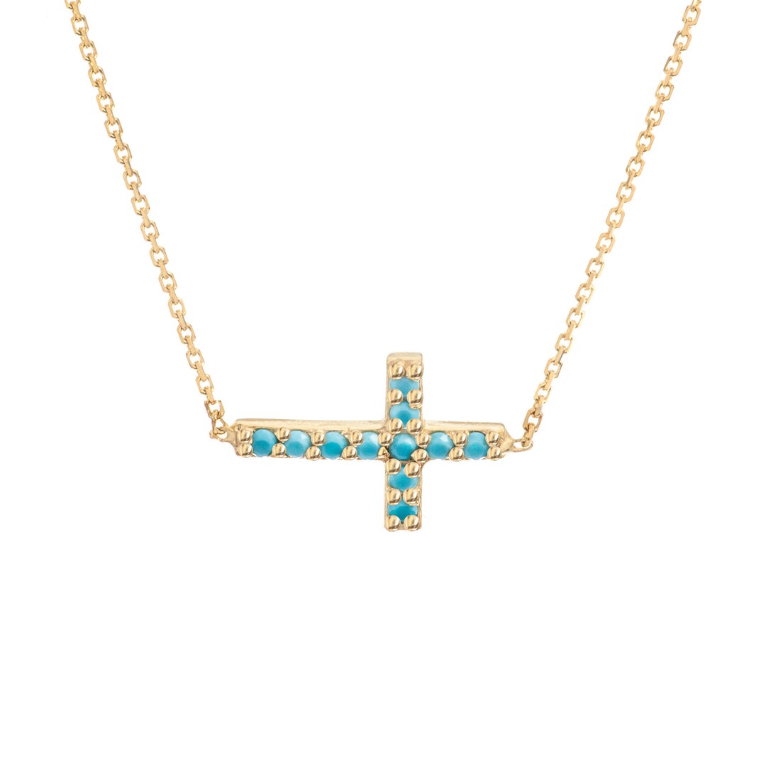 Mini Cross Necklace With Nano Turquoise Stones in 14K Solid Gold for ...