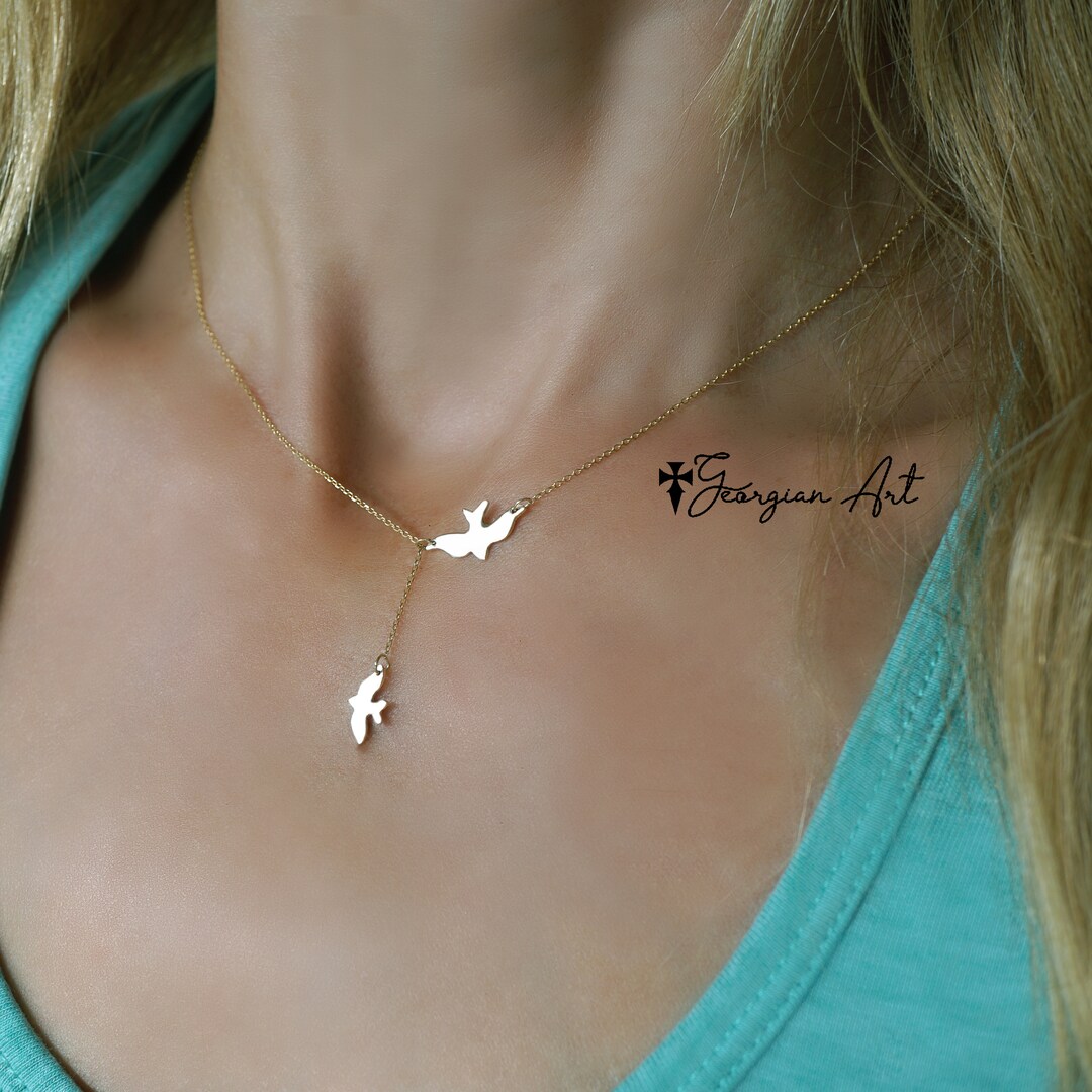 10K, 14K or 18K Solid Gold Flying Birds Necklace, Engrave Names or ...