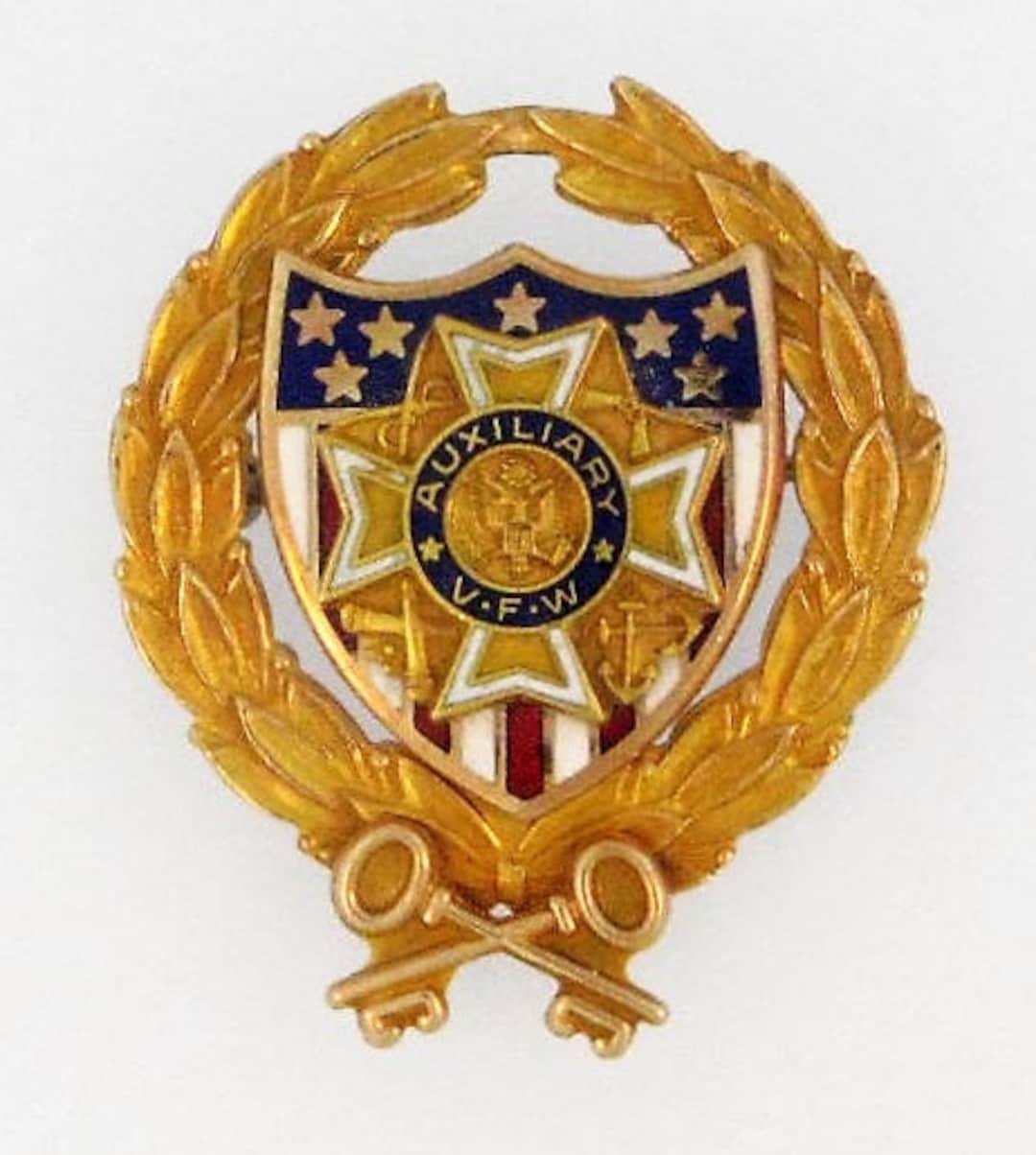 Vintage 10K Yellow Gold Enameled VFW Auxilliary Crossed Keys Adjutant ...