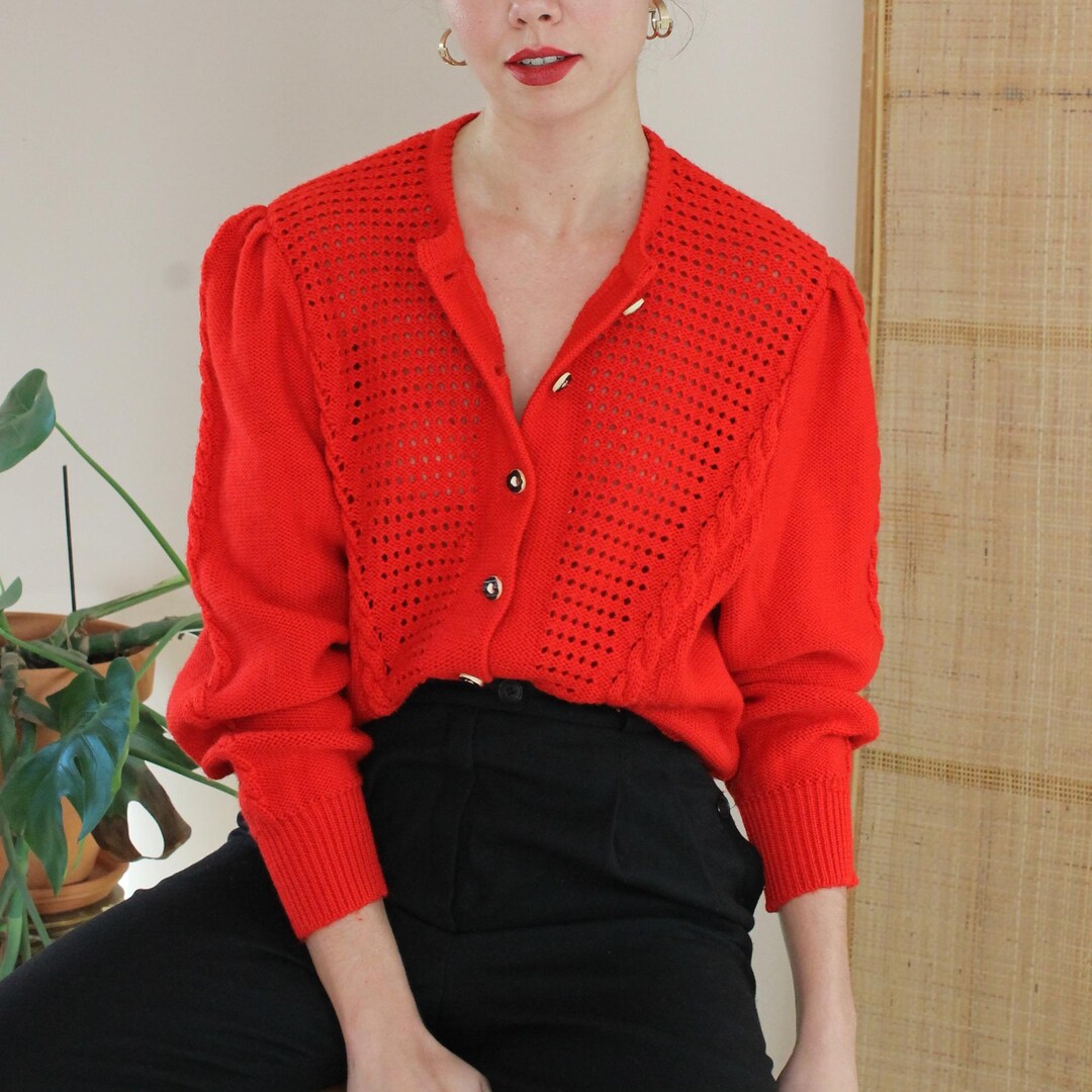 Vintage Puff Sleeves Cardigan in Red, Wool Puff Sleeves Cardigan ...