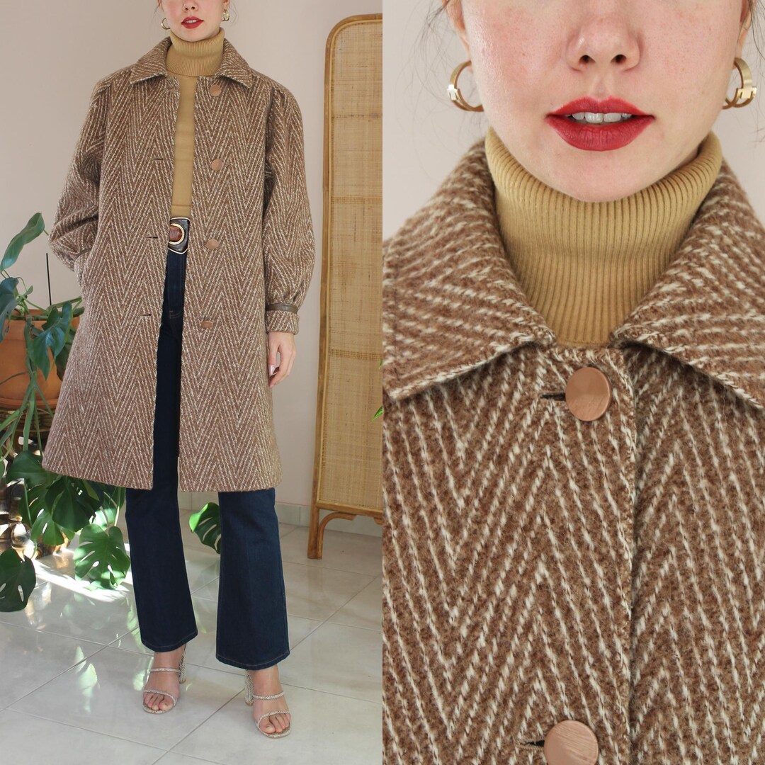 Vintage Wool Coat Chevron, Long Wool Coat in Brown, Vintage Long Wool ...