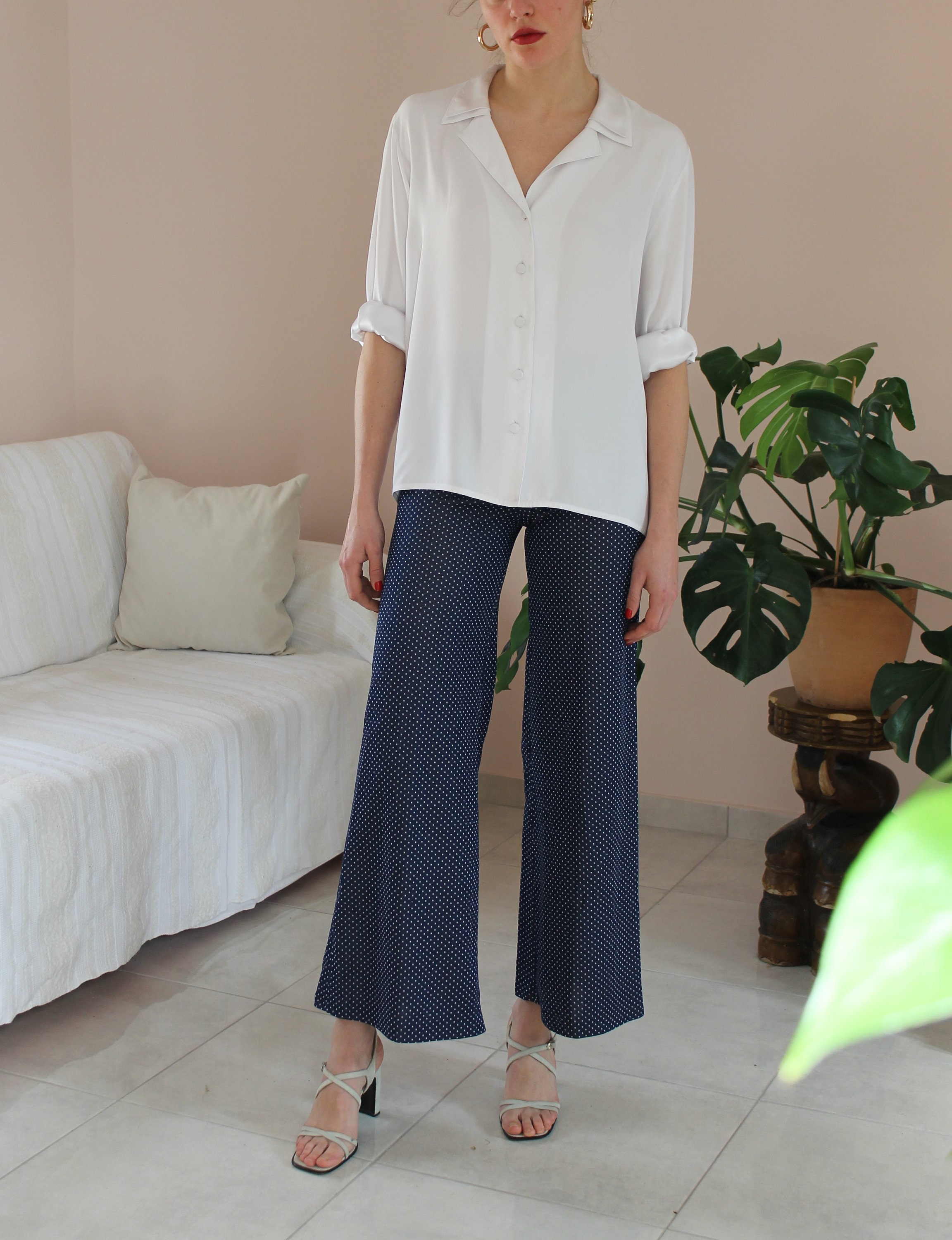 70s Vintage Flares in Blue Polka Dot, High Waisted Flares Polka Dot ...