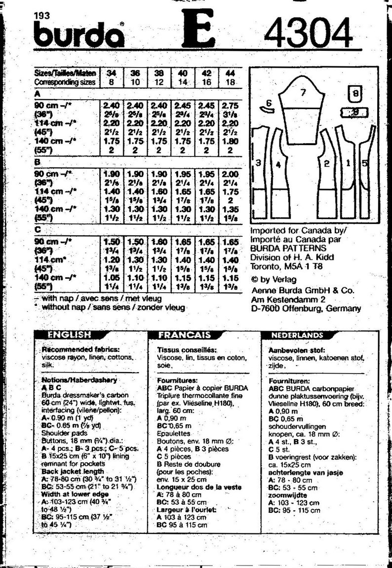 Burda 4304 Waistcoat/vest/jacket Sewing Pattern -vintage - Etsy