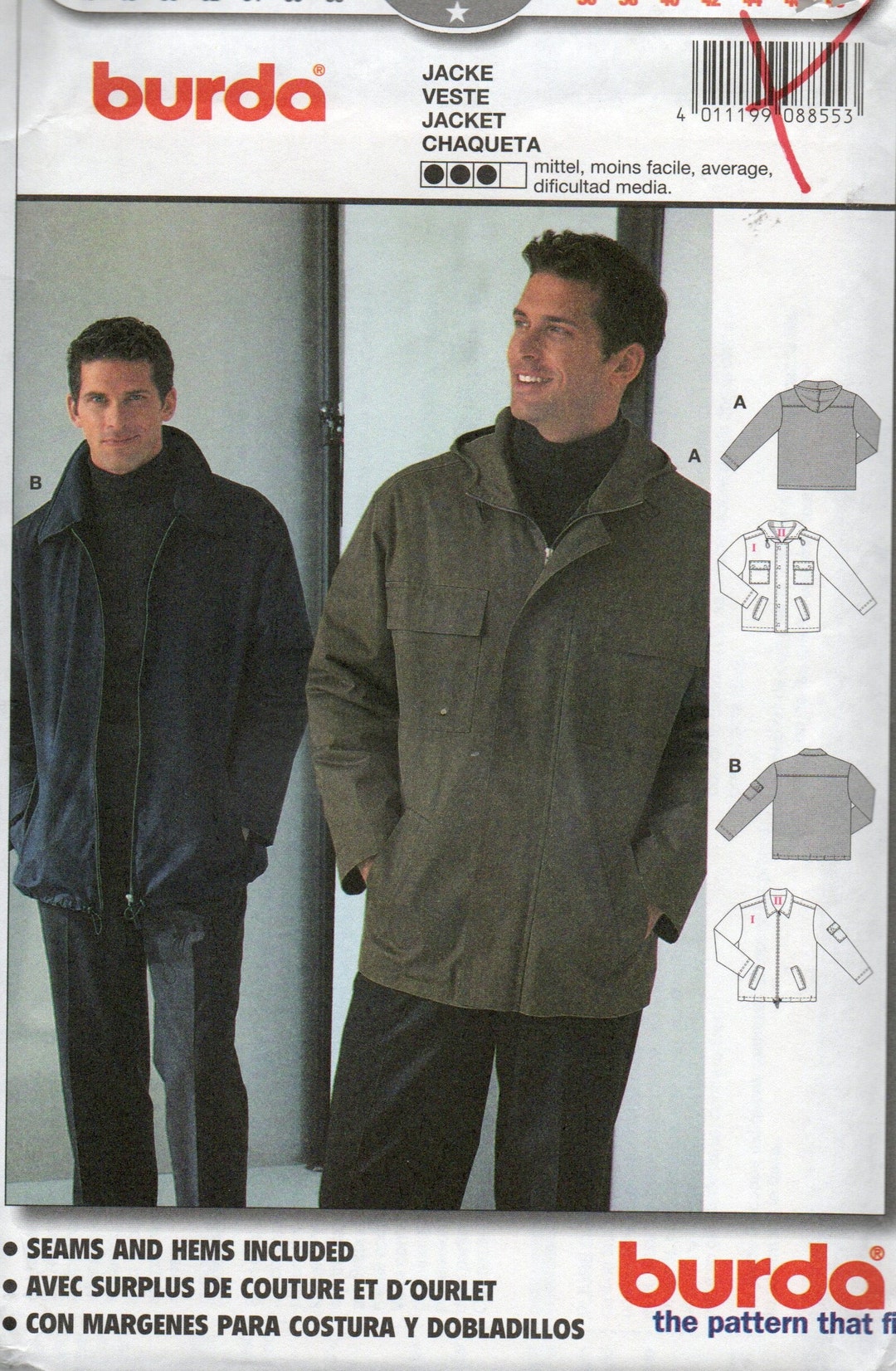 Burda 8855 Men's Jacket Sewing Pattern - Etsy