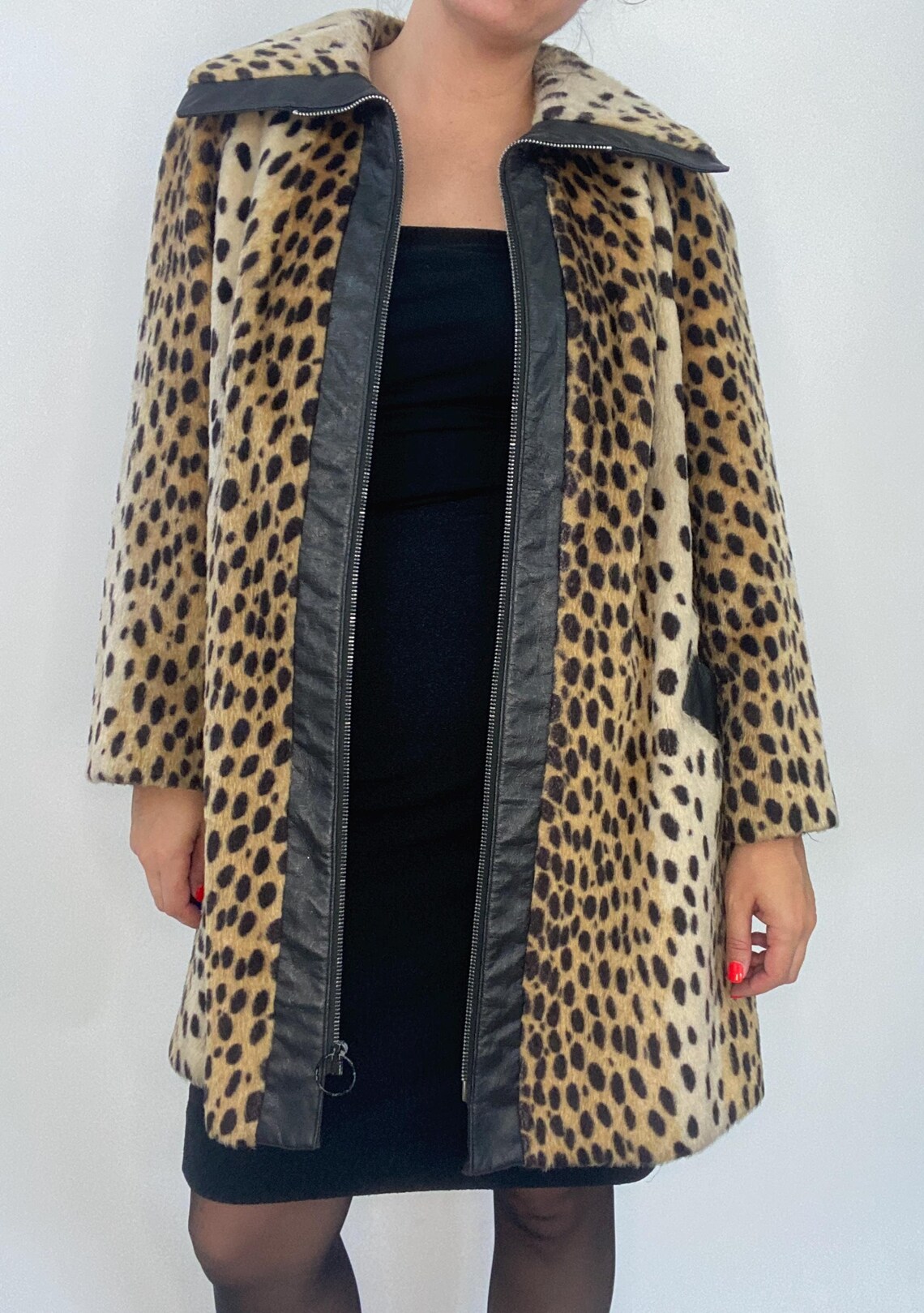 Vintage 1960s Faux Pony Cheetah Leopard Print Coat Swing Coat With ...